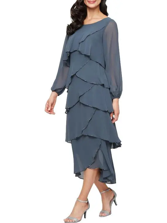 SL FASHIONS Beaded Long Sleeve Tiered Cocktail Dress - Slate