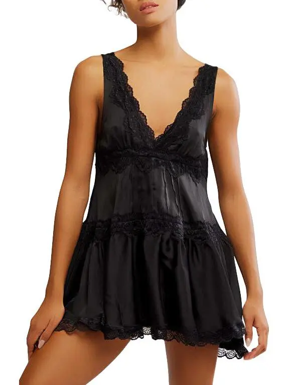 Free People Lace Trim Satin Slipdress - Washed Black