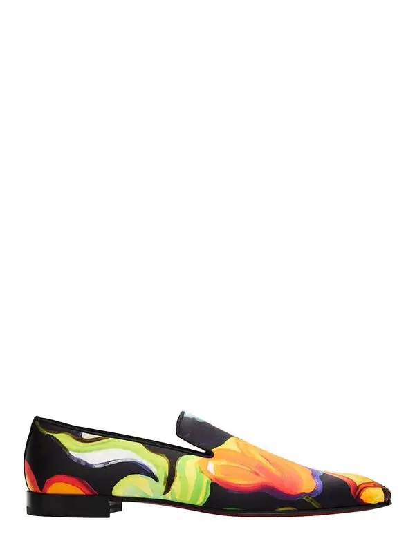 CHRISTIAN LOUBOUTIN Dandelion Floral Silk Loafers - Orange/lime/black