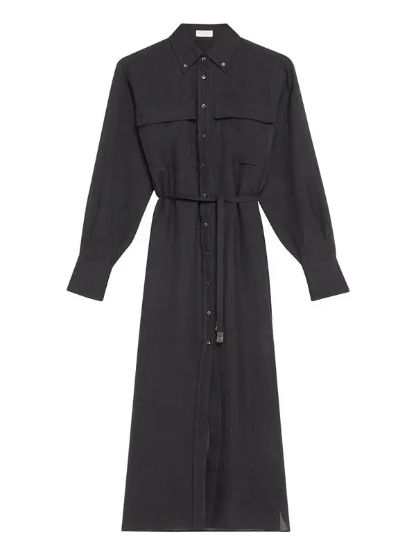 Brunello Cucinelli Long Wool Gauze Shirt Jacket Dress With Waist Tie - Anthracite