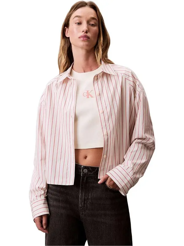 Calvin Klein Stripe Cropped Boxy Button-down Shirt - Chalk