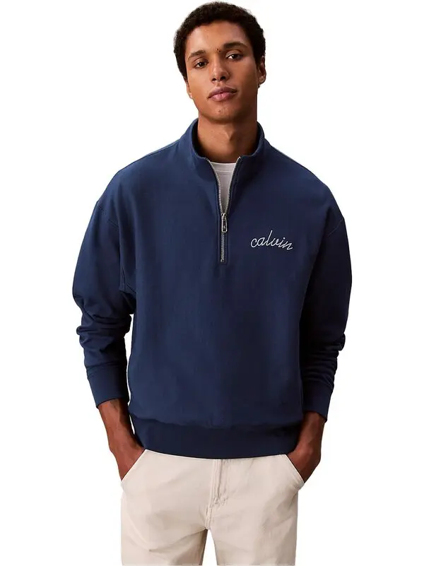 Calvin Klein Embroidered Logo Quarter Zip Sweatshirt - Blue Jean