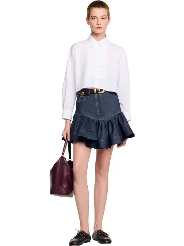 Sandro Cropped Shirt With Pleated Bib - White