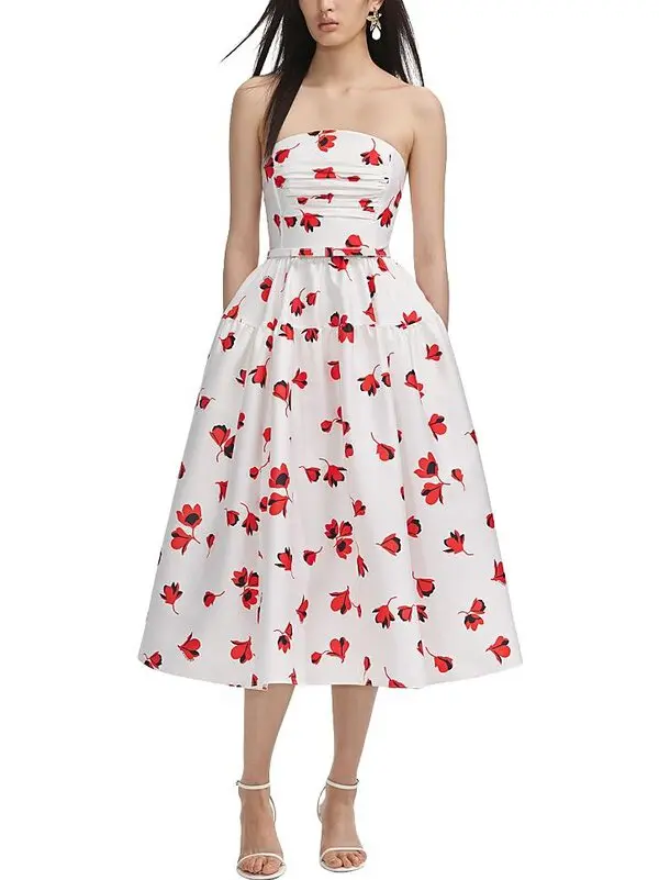 SELF-PORTRAIT Floral Print Taffeta Midi Dress - White