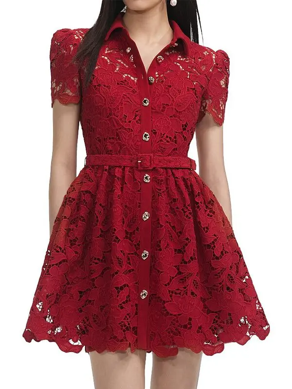 SELF-PORTRAIT Lace Collared Mini Dress - Burgundy