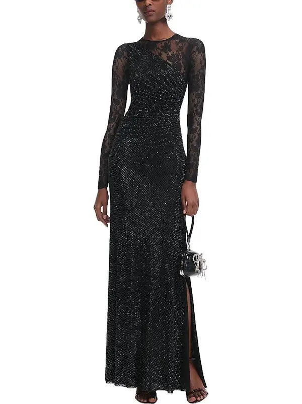 SELF-PORTRAIT Rhinestone Lace Sleeve Maxi Dress - Black