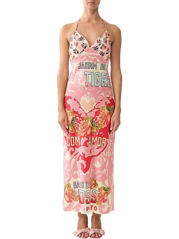 Camilla Silk Chain Detail Printed Slip Dress - Pink Porto