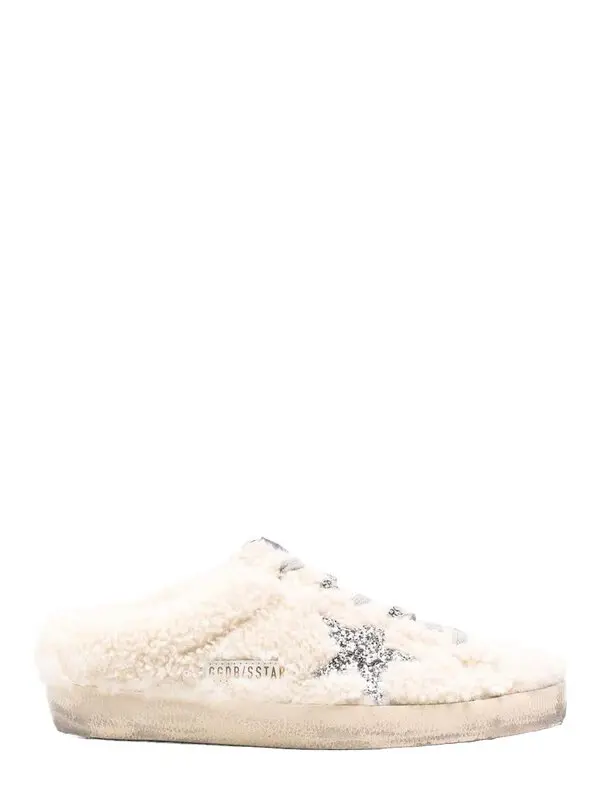 Golden Goose Super-star Sabot With Shearling Upper And Glitter Star - Natural White/silver