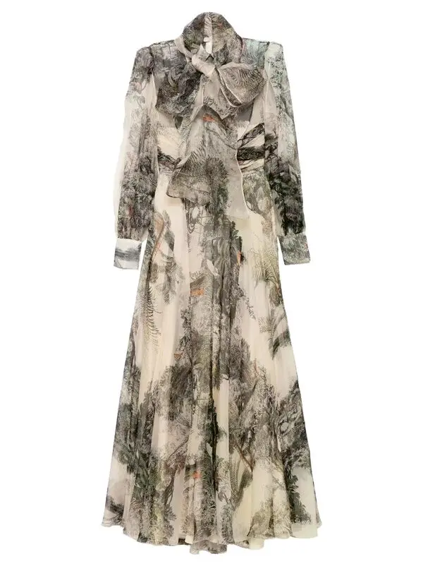 ISABEL SANCHIS Landscape Print Organza Gown - Neutrals