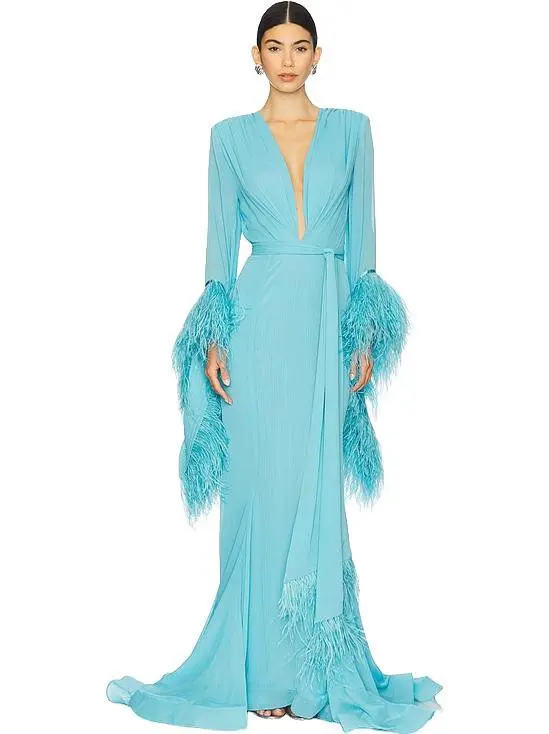 BRONX BANCO Geisha V Neck Gown With Feather Trim - Blue