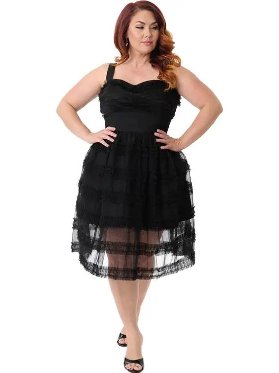 Unique Vintage Tiered Sheer Swing Dress - Black
