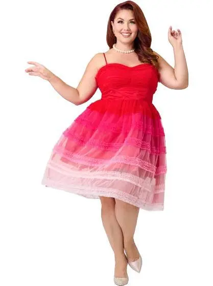 Unique Vintage Tiered Sheer Swing Dress - Red & Pink Ombre
