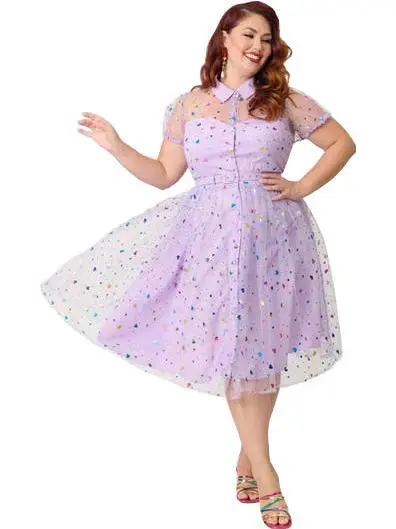 Unique Vintage 1950s Hollie Swing Dress - Purple Heart Confetti