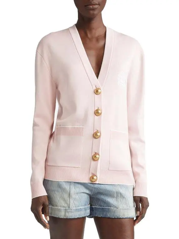 Balmain Logo Emblem Silk And Cotton Cardigan - Oin Pale Pink/ White