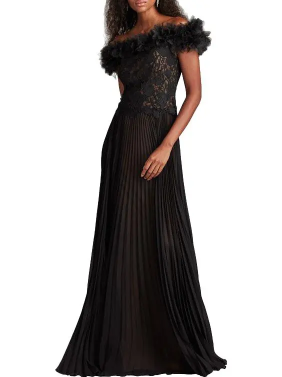 Tadashi Shoji Off-the-shoulder Lace Bodice Gown - Black/ Nude