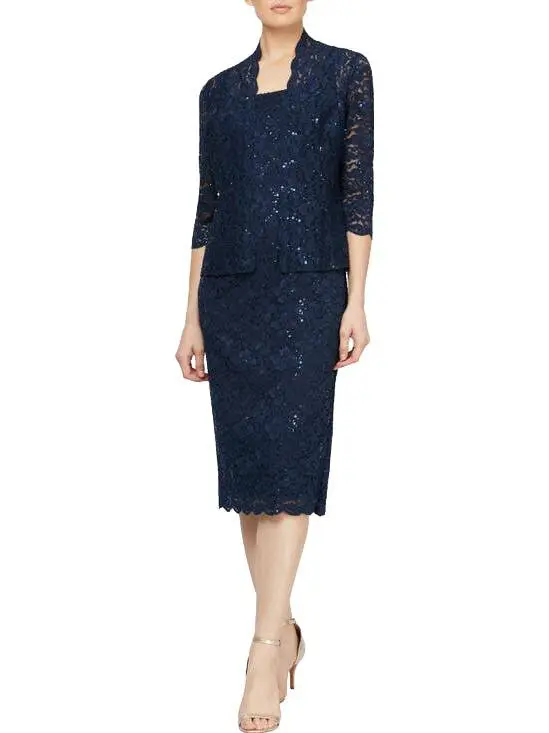 SL FASHIONS Lace Dress And Jacket Set - Navy