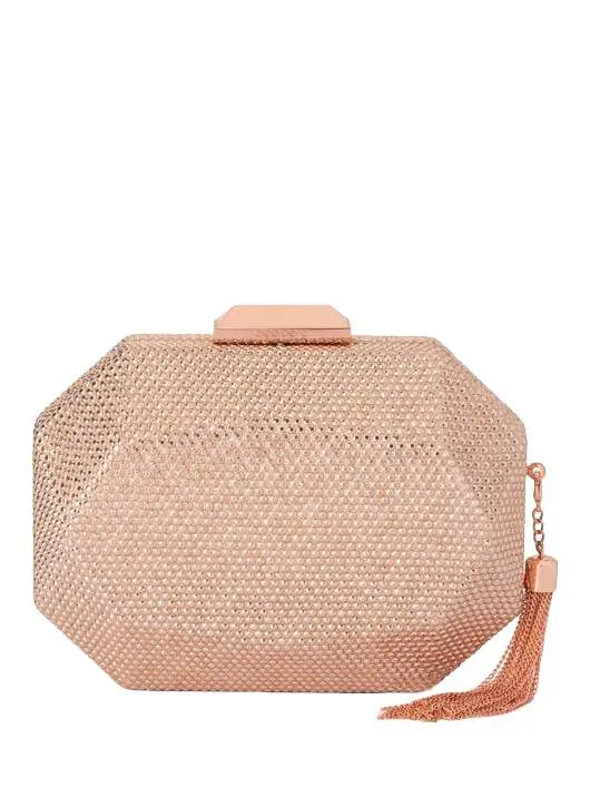 OLGA BERG Hotfix Tassel Structured Clutch - Rose Gold