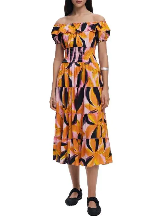 Desigual Abstract Print Off-the-shoulder Midi Dress - Pink Multi