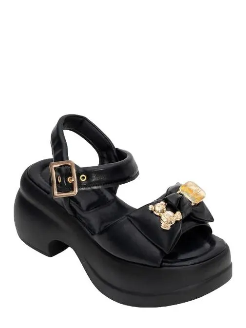 PROLOGUE SHOES Merida Buckle Platform Sandal - Black Faux Leather