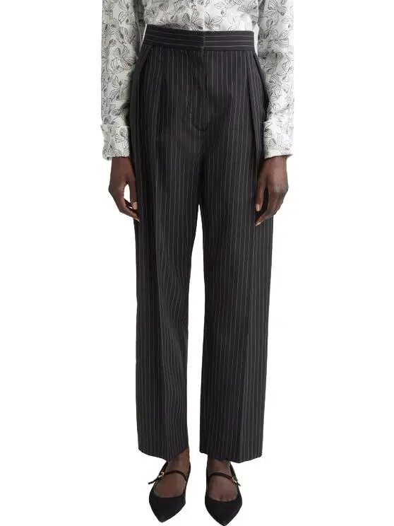 Max Mara Sesamo Pinstripe Wool Straight Leg Pants - Black/ White