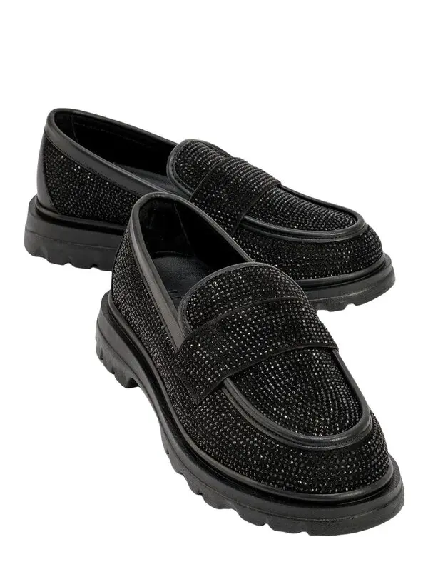 PROLOGUE SHOES Embellished Suede Loafer - Black Faux Leather