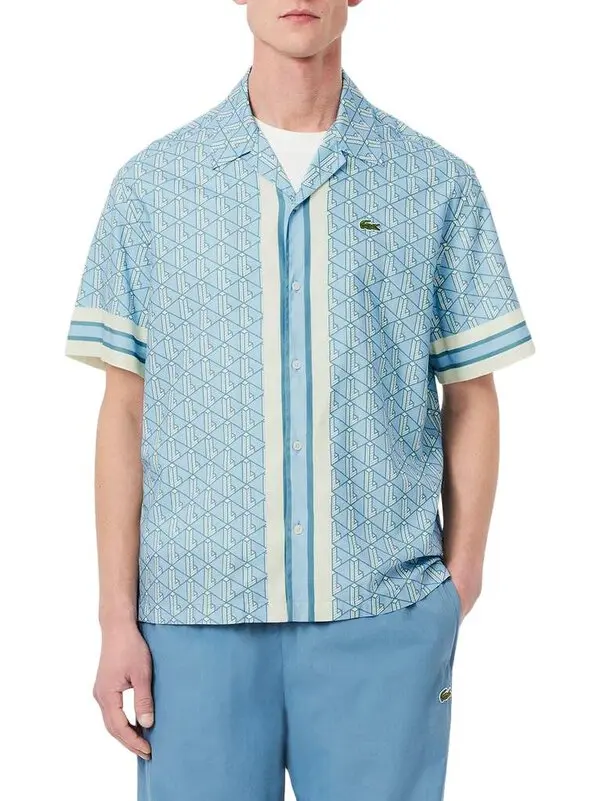 Lacoste Relaxed Fit Monogram Print Cotton Blend Camp Shirt - Gil Overview/ Limestone