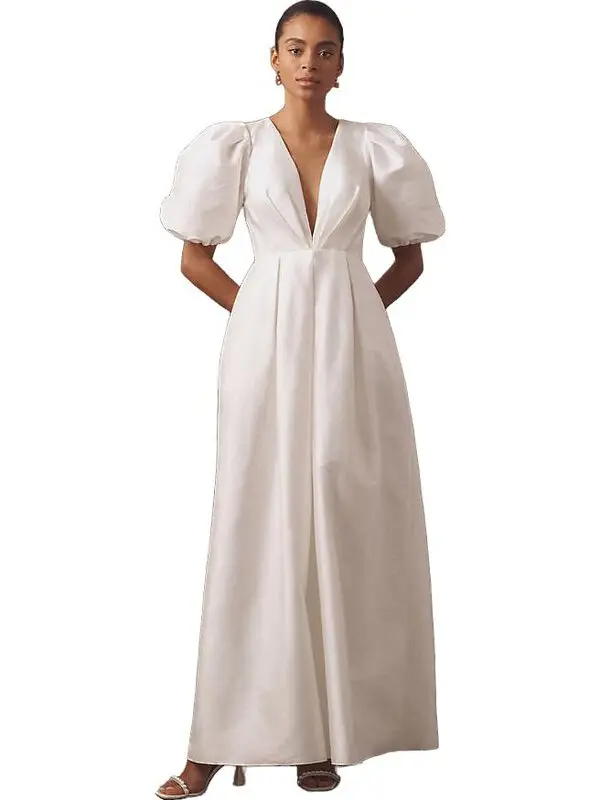 Watters Puff-sleeve Deep-v Taffeta Maxi Dress - Ivory