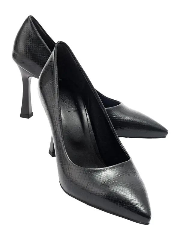 PROLOGUE SHOES Pointed Toe Stiletto Pumps - Black Embossed Faux Leather