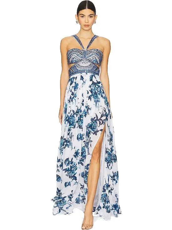 L'Agence Annistyn Gown - White & Blue Painterly Floral