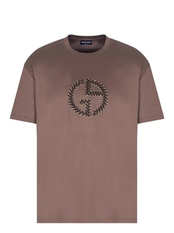 Giorgio Armani Cotton-interlock T-shirt With Oversized Embroidered Ga Logo - Beige