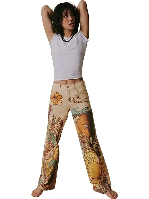 Free People We The Free Tinsley Printed Straight Leg Jeans - Beach Scene