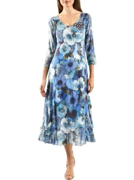 Komarov Floral Charmeuse & Chiffon Cocktail Dress - Blue Haze