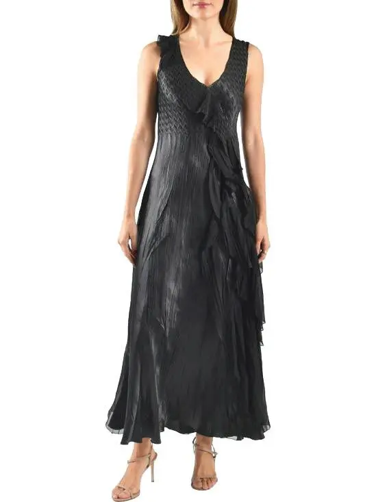 Komarov Side Ruffle Charmeuse & Chiffon Gown - Black