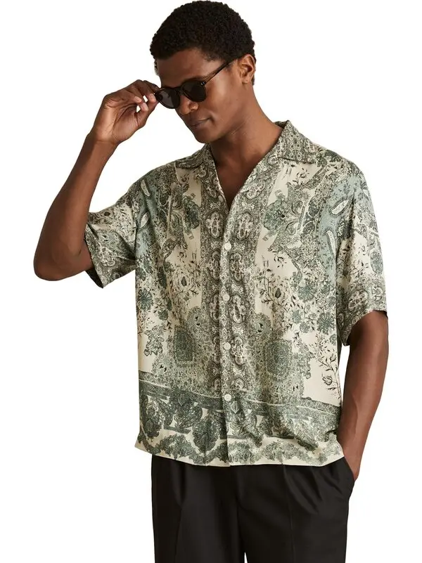 REISS Samberg Paisley-print Cuban-collar Shirt - Green