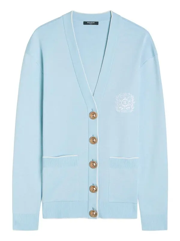 Balmain Embroidered Fine-knit Cardigan - Blue And White