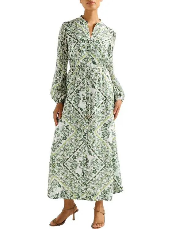 EVER NEW Printed Long Sleeve Maxi Shirtdress - Green Penola Tile