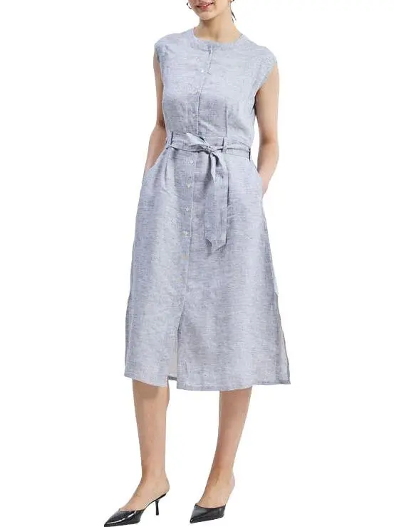 REISTOR Linen Midi Dress With Button-down Front And Cut-out Detail - Pin Striped