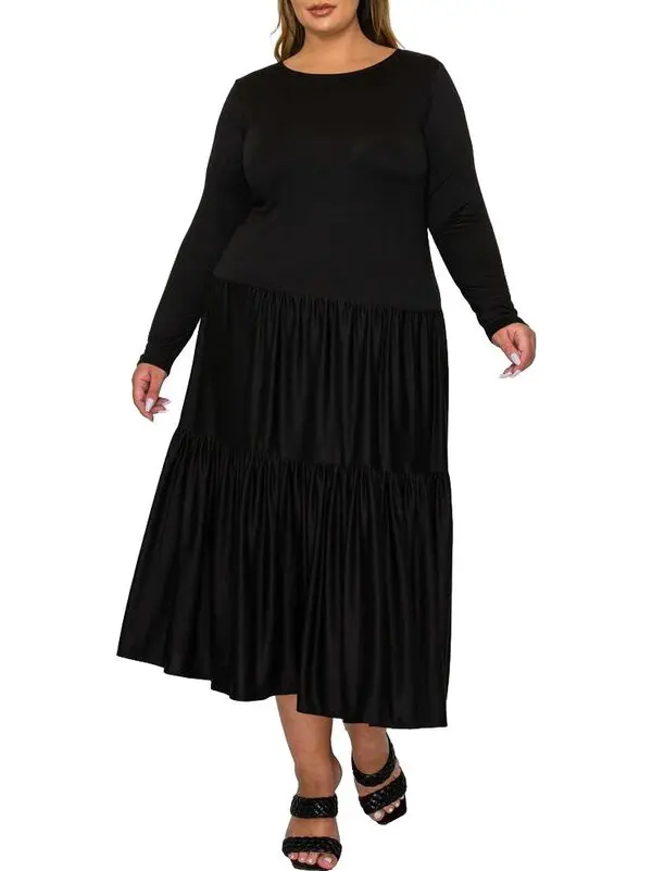 L I V D Eliana Long Sleeve Tiered Midi Dress - Black