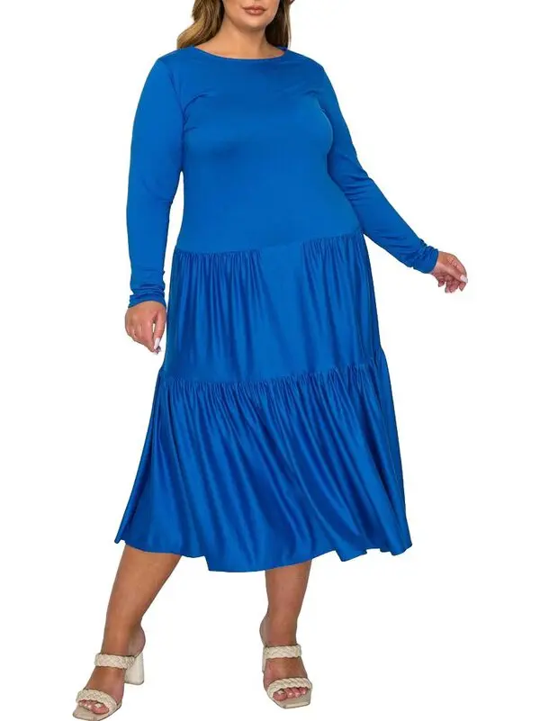 L I V D Eliana Long Sleeve Tiered Midi Dress - Royal