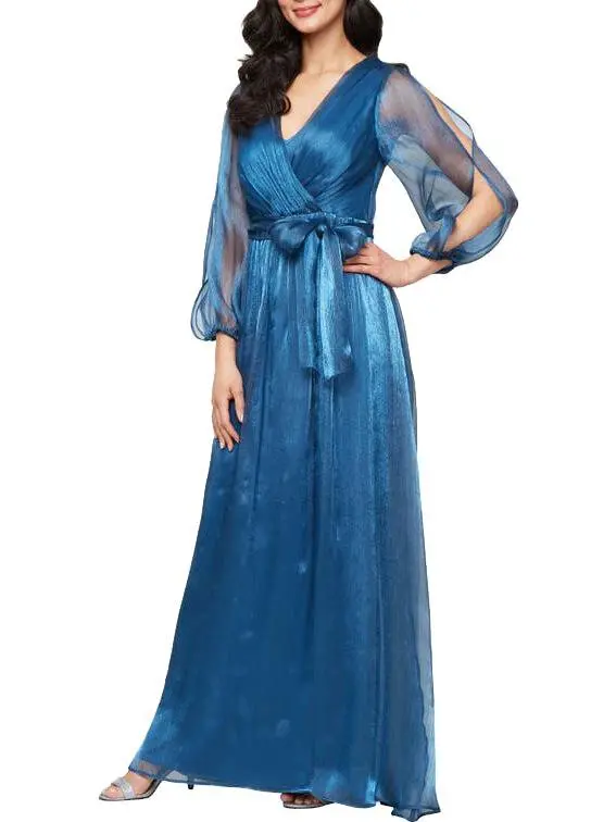 Alex Evenings Metallic Long Sleeve Chiffon Gown - Deep Blue