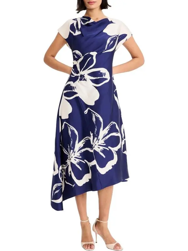Maggy London Floral Print Asymmetric Hem Midi Dress - Navy/cream