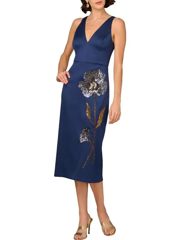 Aidan Mattox Beaded V-neck Midi Dress - Navy