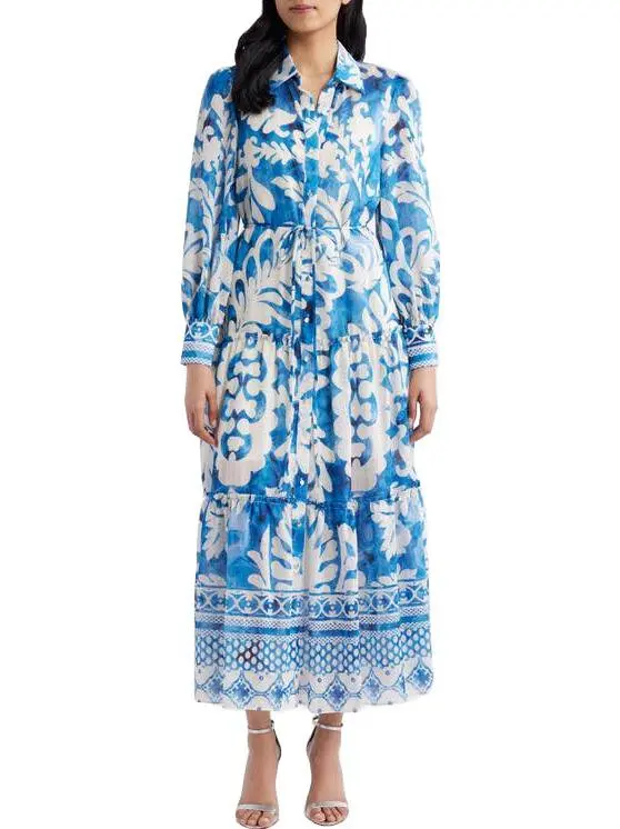 Julia Jordan Mixed Print Tiered Shirtdress - Blue Multi