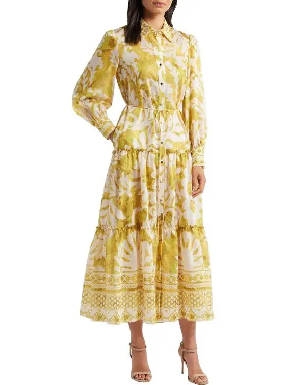Julia Jordan Mixed Print Tiered Shirtdress - Yellow/ Green