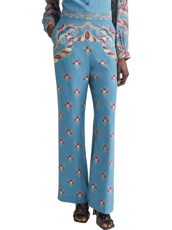 Etro Floral Paisley Silk Flare Leg Pants - Printed Blue Base