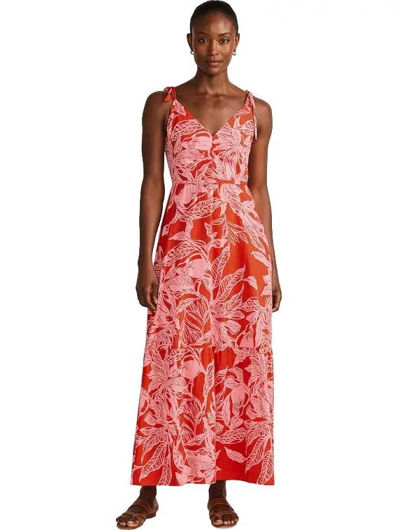 LANDS' END Cotton Voile V-neck Tie Strap Maxi Dress - Mandarin Orange Etched Leaves