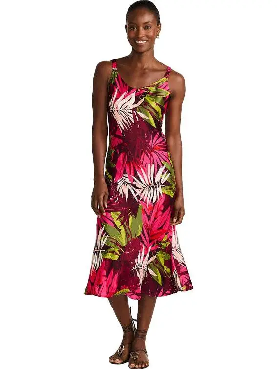 LANDS' END Satin Slip Midi Dress - Rich Burgundy Tropical Palm
