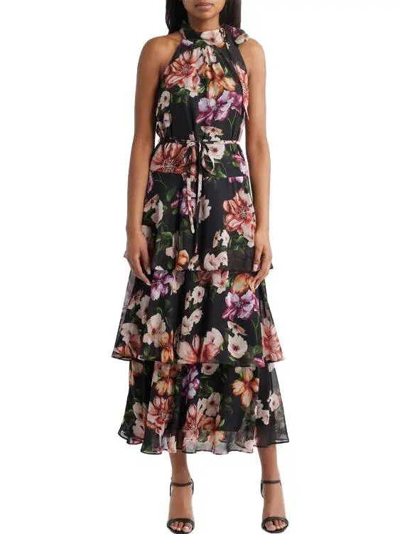 Julia Jordan Tiered Maxi Dress With Tie Neck - Black Multi