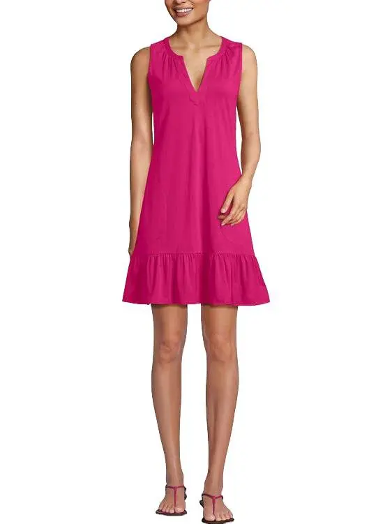 LANDS' END Cotton Jersey Notch Neck Flounce Dress - Cherry Fuchsia