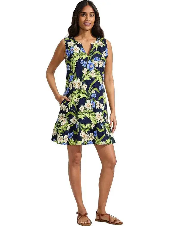 LANDS' END Sleeveless Cotton Jersey Notch Neck Flounce Dress - Deep Sea/blue Floral Tropic